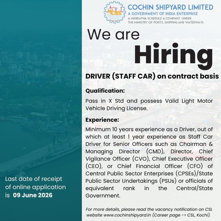 Cochin Shipyard Recruitment 2026: Apply Online for Driver (Staff Car ...